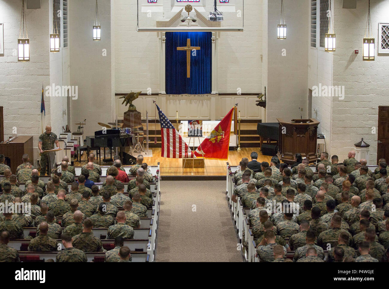 U.S. Marines attend the memorial service for 1st Lt. Garrett C. Cheung ...
