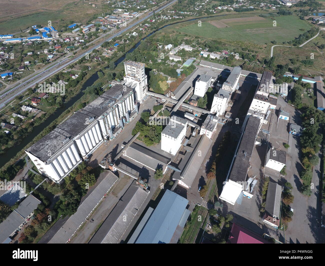 Top view of a silo elevator. The huge building for storing and drying ...