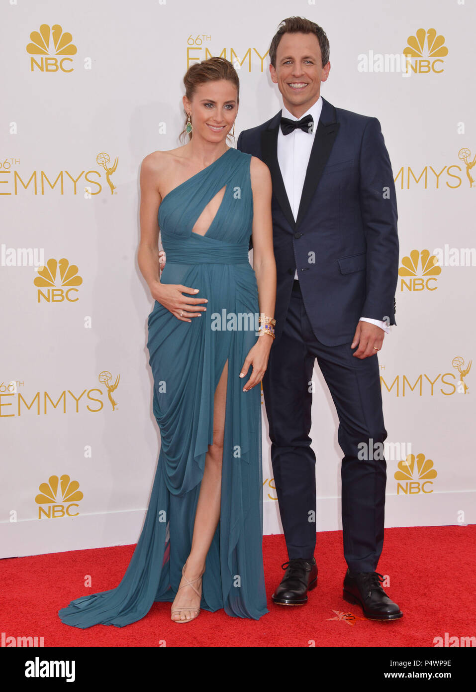 Seth meyer and wife at the 66th Emmy Awards 2014 at the Nokia Center in ...