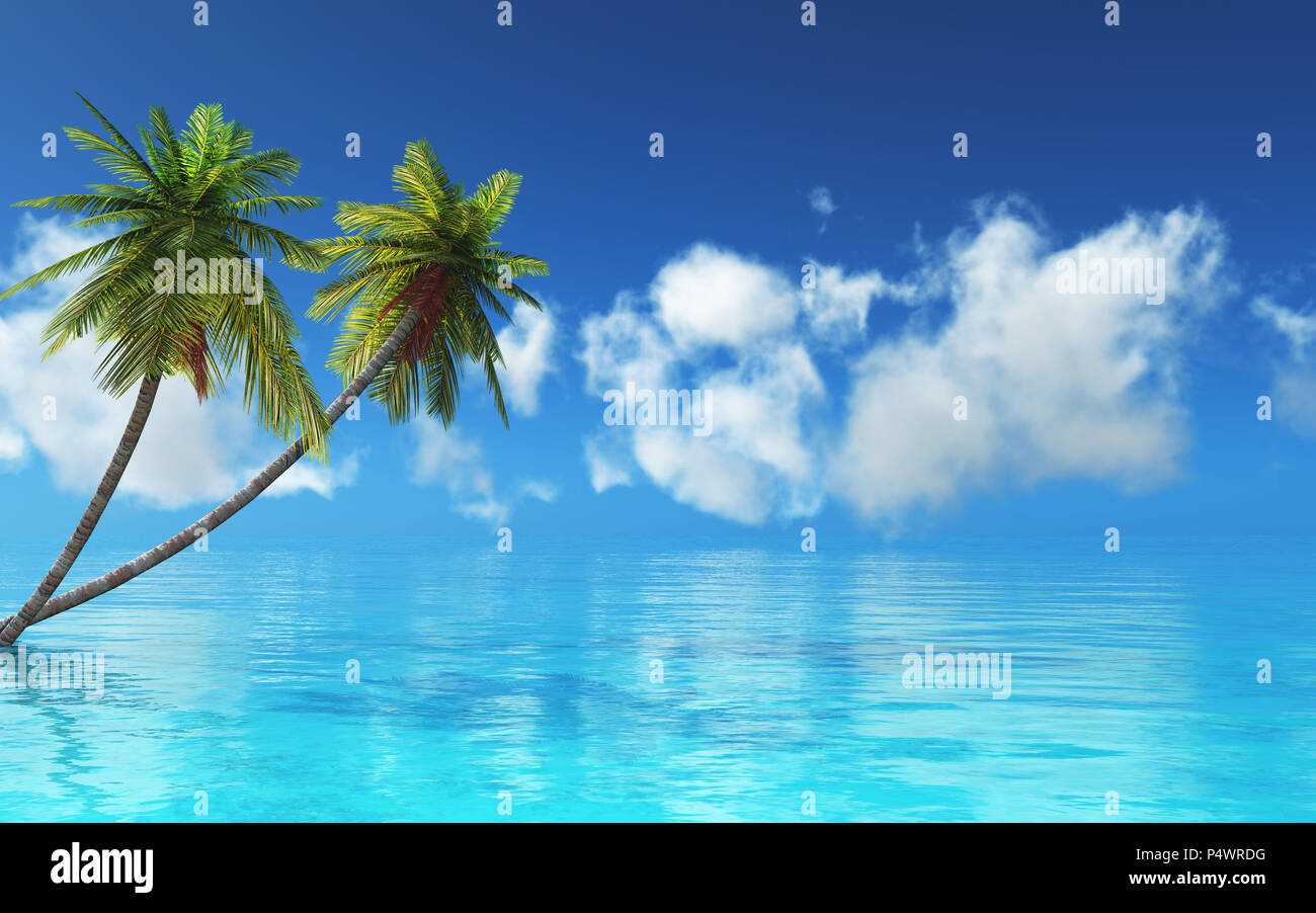 3D render of a tropical landscape with palm trees and blue sea Stock ...