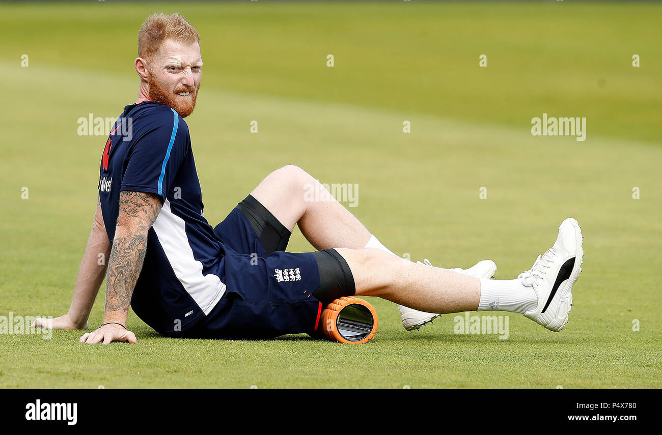 England's Ben Stokes stretches during a fitness session at Emirates Old ...