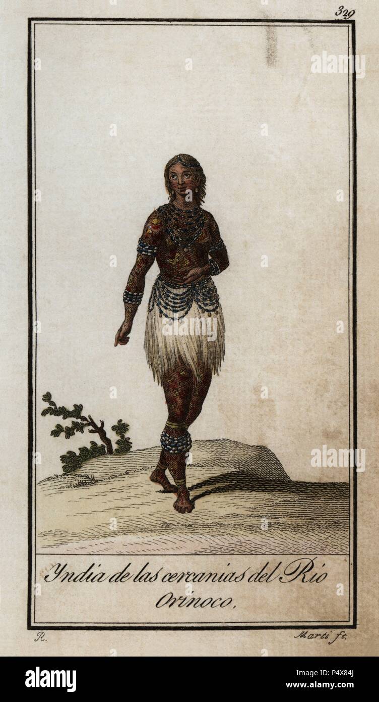 Mujer india de las cercanías del Orinoco. Grabado en color de 1805 ...