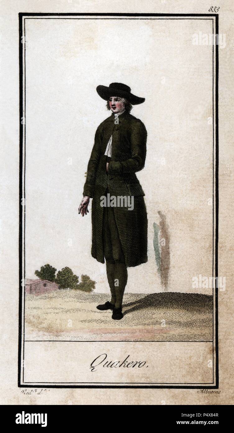 Quaker (cuáquero), habitante de Filadelfia. Grabado en color de 1805 ...