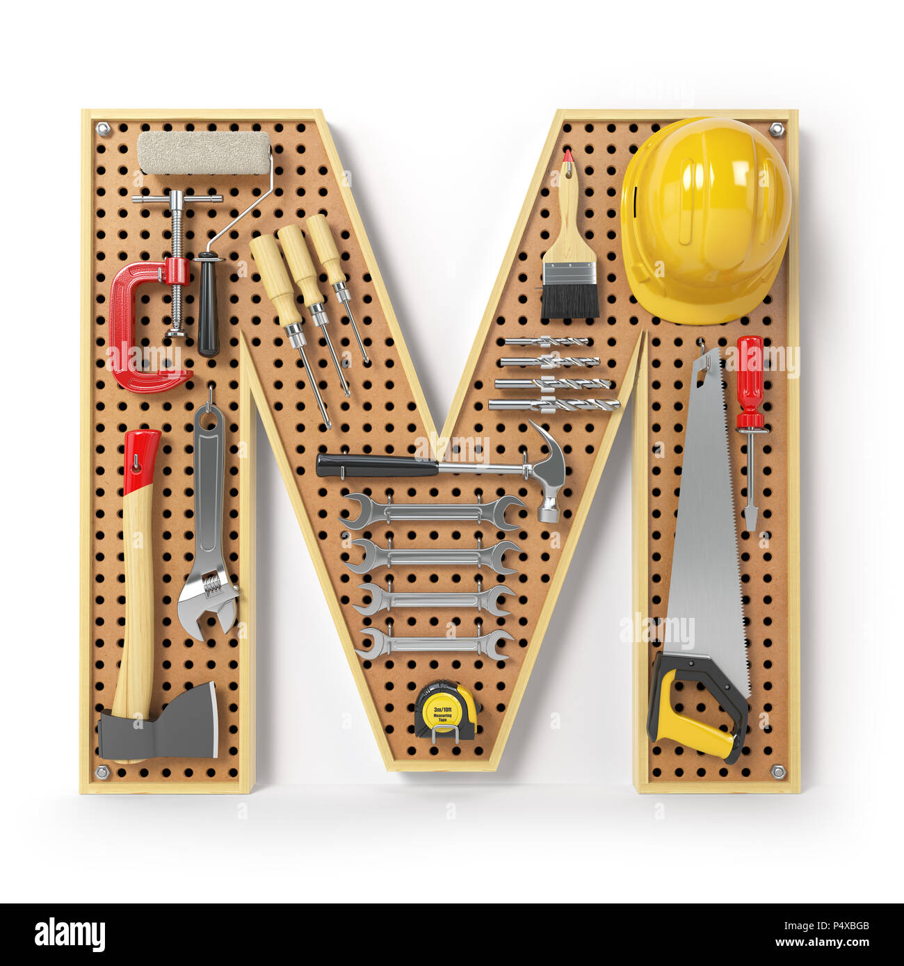 Letter M. Alphabet from the tools on the metal pegboard isolated on ...