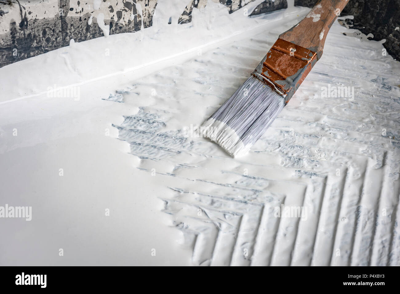 Wet Paint Brush In White Paint pan Stock Photo - Alamy