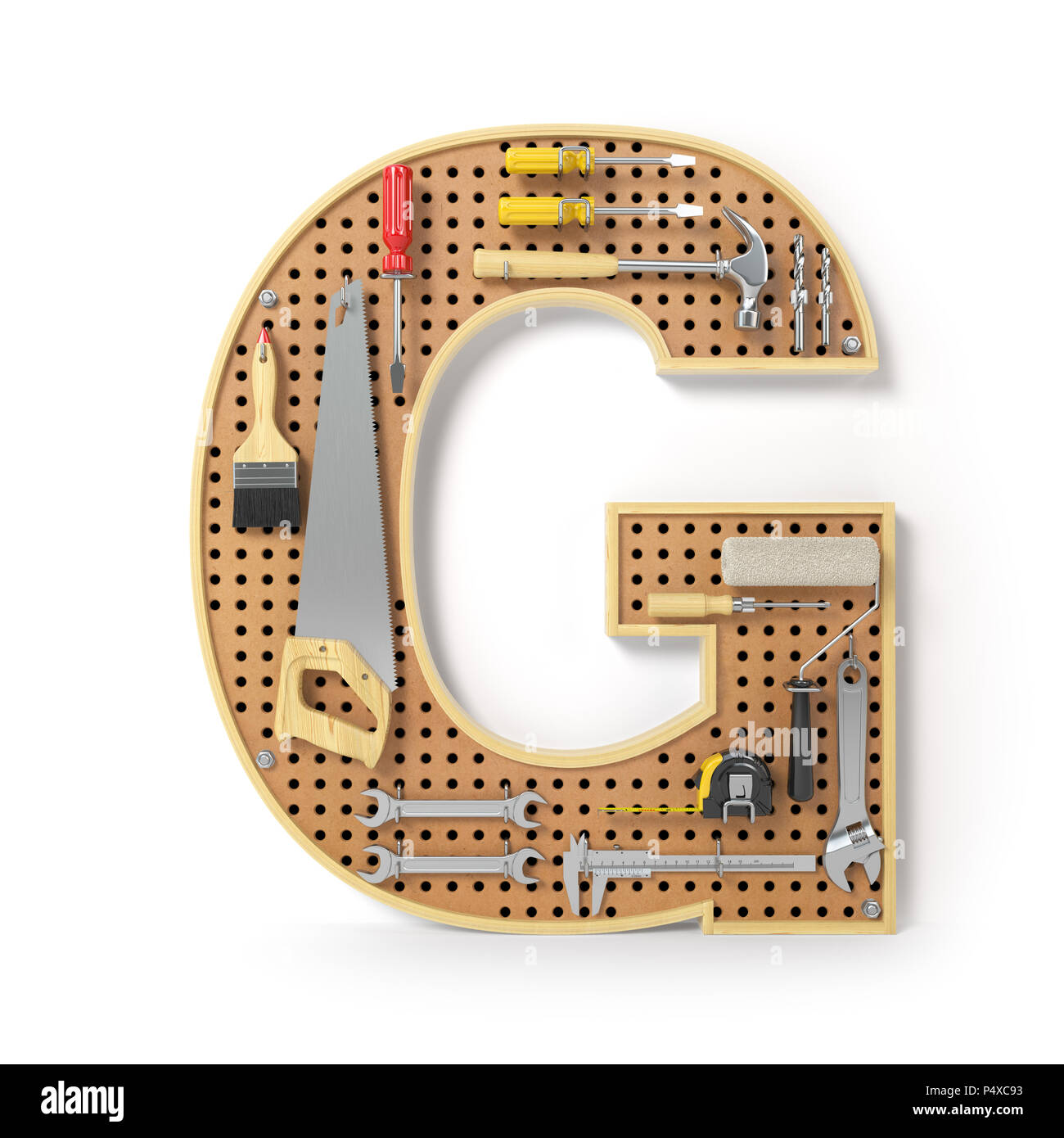 Letter G. Alphabet from the tools on the metal pegboard isolated on ...