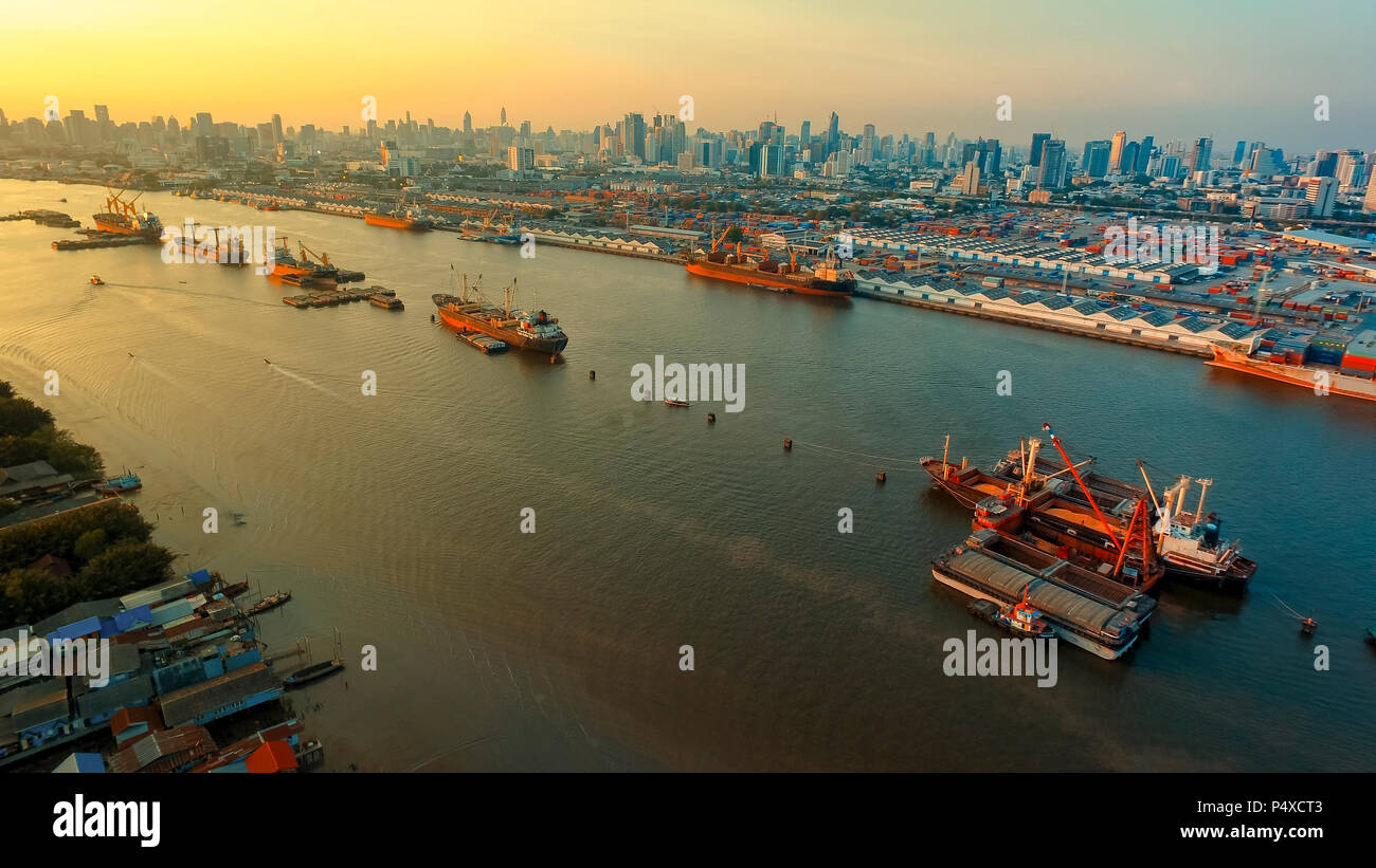 aerial view of klong toey port and chaopraya river in bangkok thailand ...