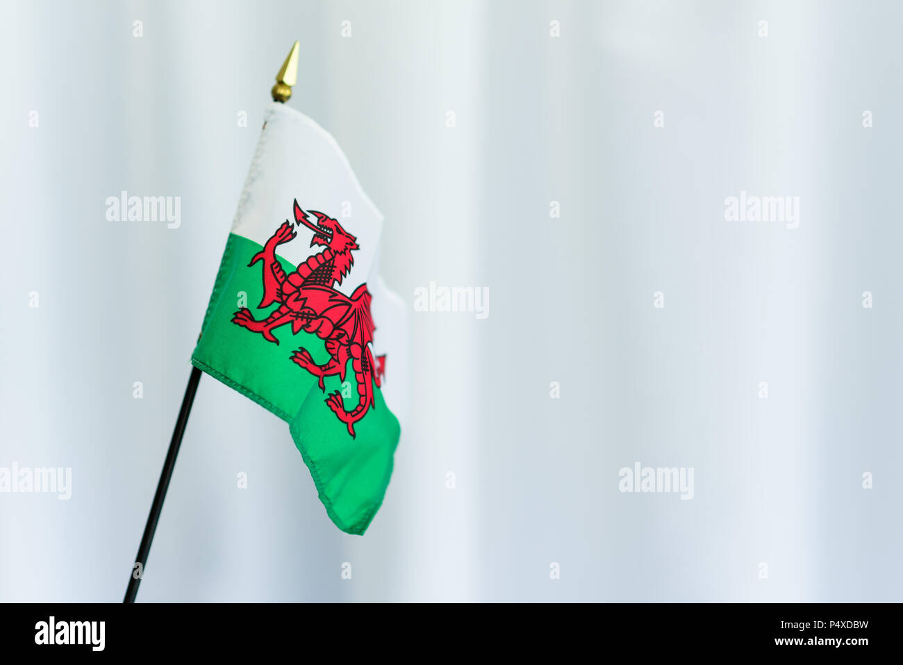 The welsh flag, a red dragon on a green and white background, flutters ...