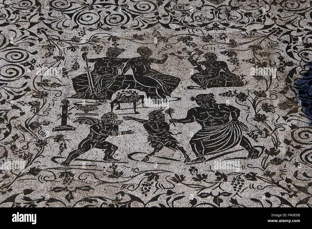 Roman Art. Italy. House of Bacchus and Ariadne. Floor mosaic in black ...