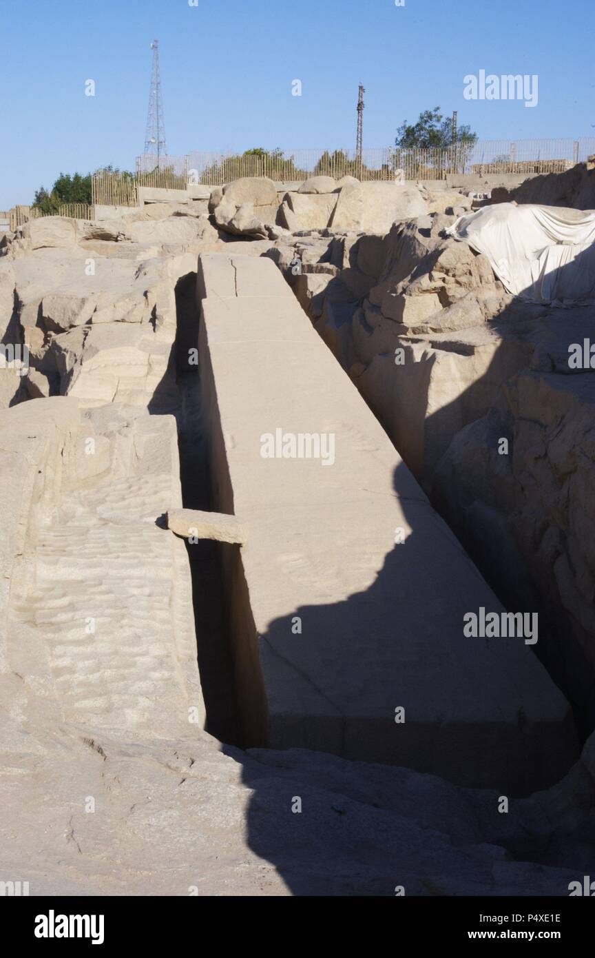 Egypt. Aswan. The unfinished obelisk in a granite quarry. The bottom ...