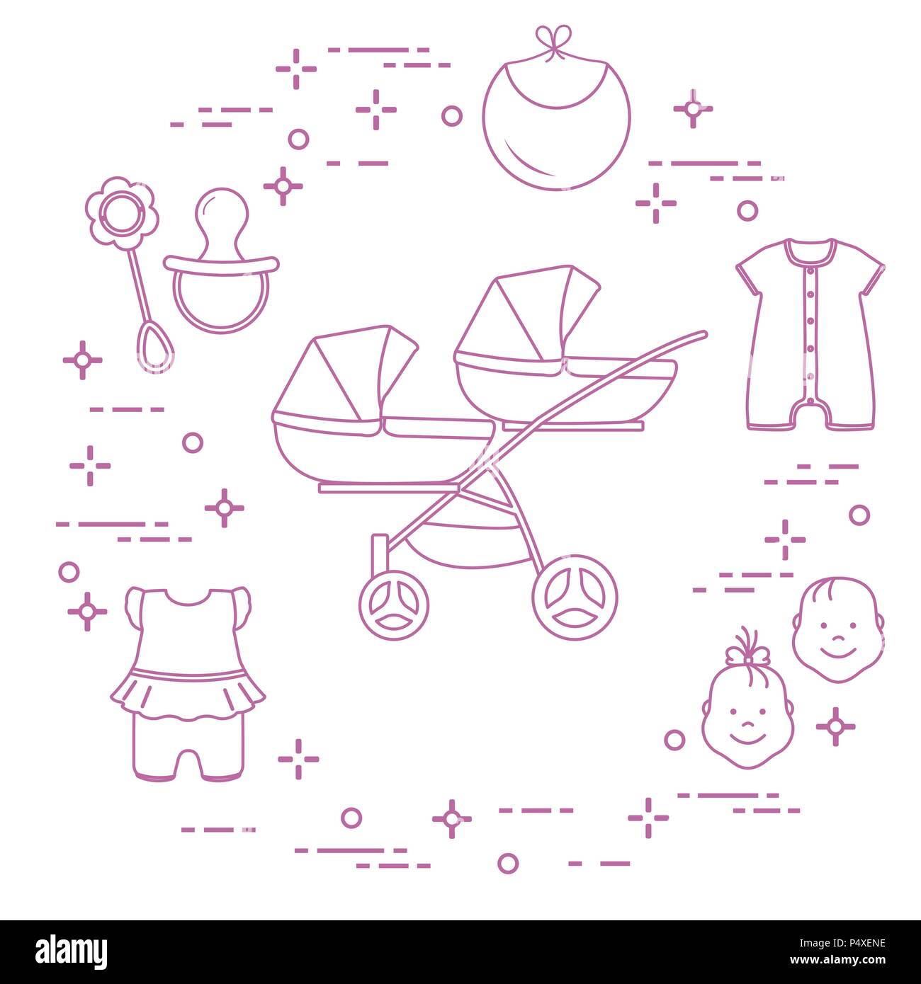 Goods for babies. Stroller for twins, faces boy, girl, rattle, pacifier ...