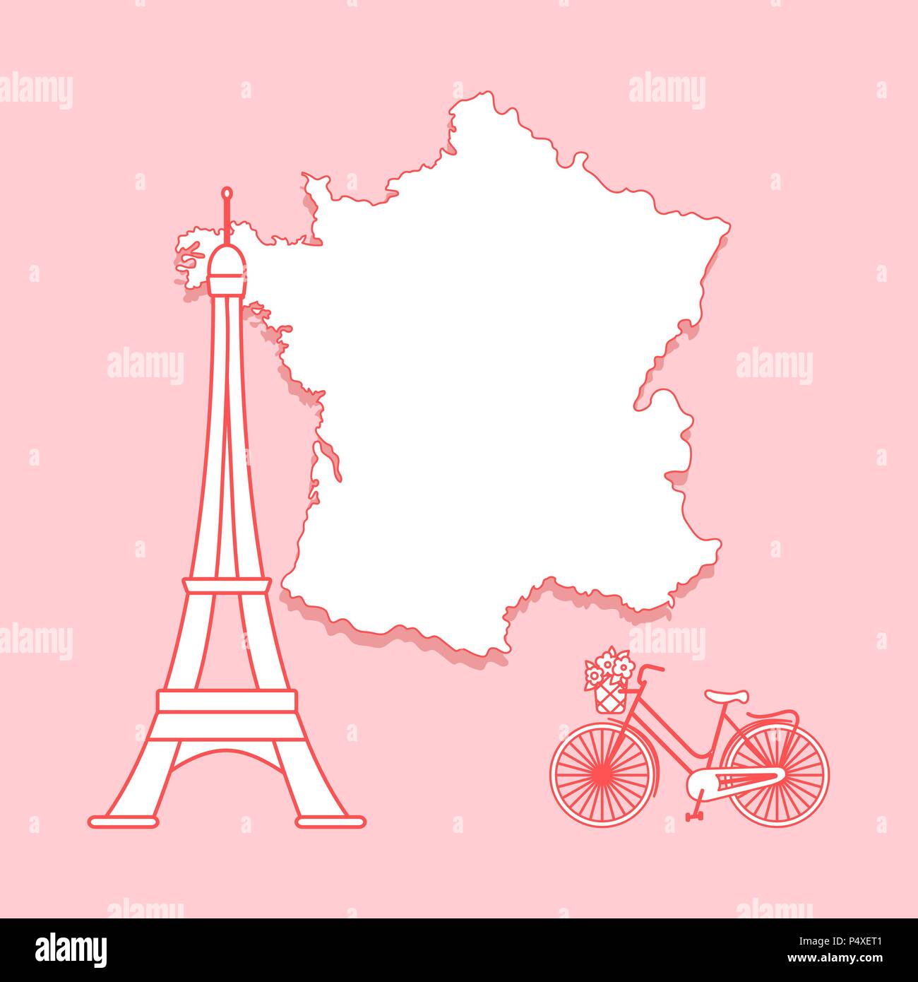 Map of France, famous tower of Paris, bicycle with a basket of flowers ...