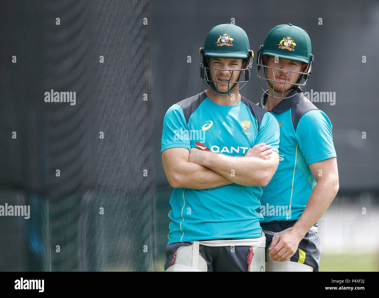 Australia's Tim Paine (left) with D'Arcy Short (right) during the nets ...