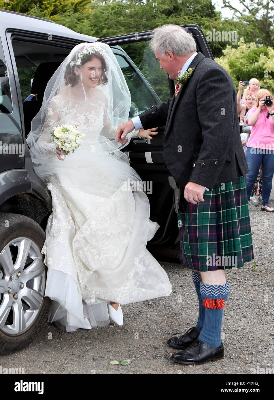 Rose Leslie with her father Sebastian Leslie arrive at Rayne Church ...