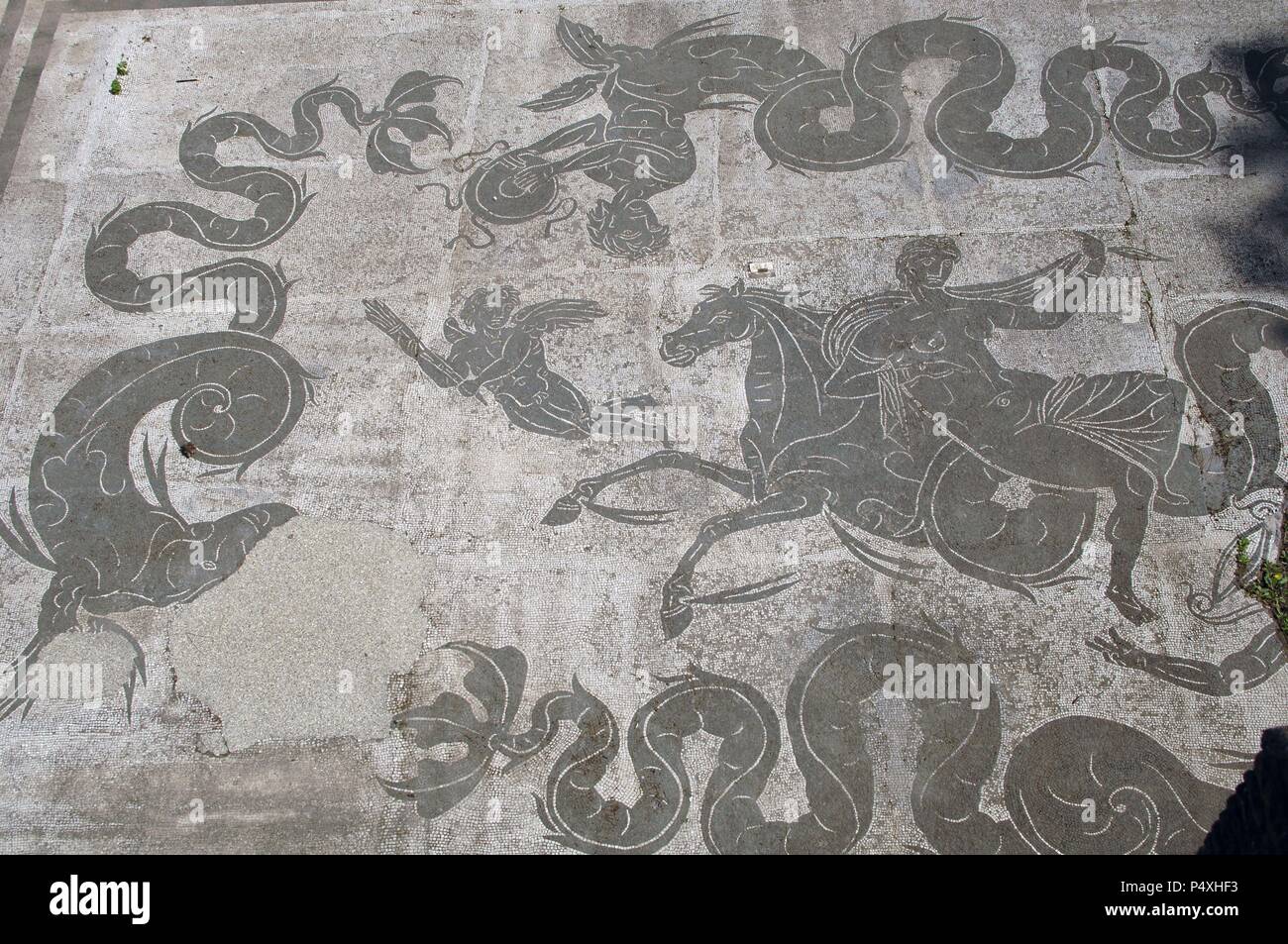Amphitrite on a hippocampus with Hymenaeus and Tritons. Detail. Mosaic ...