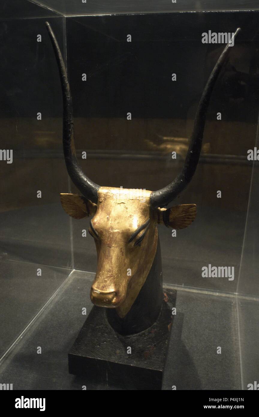 Egyptian Art. Head of Hathor as cow from grave of Tutankhamun. Golden ...
