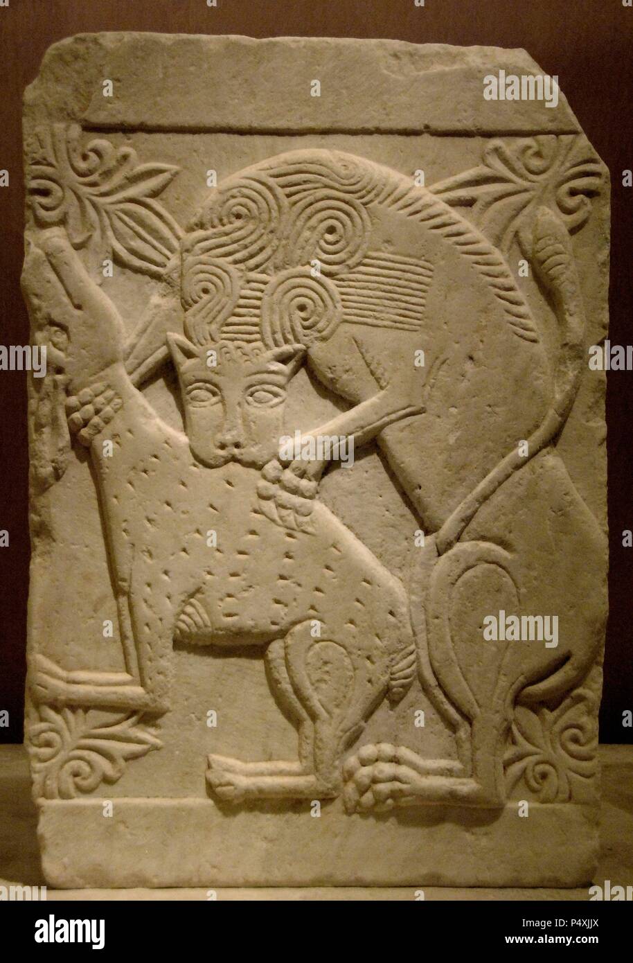 BYZANTINE ART. GREECE. Marble slab with a relief representing a lion ...