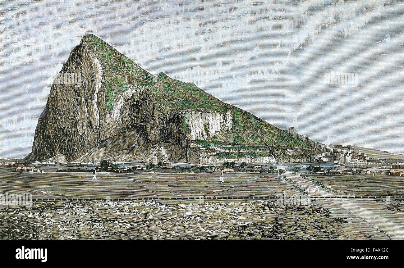 Rock of Gibraltar. Engraving by Rico, 1882. Coloured Stock Photo - Alamy