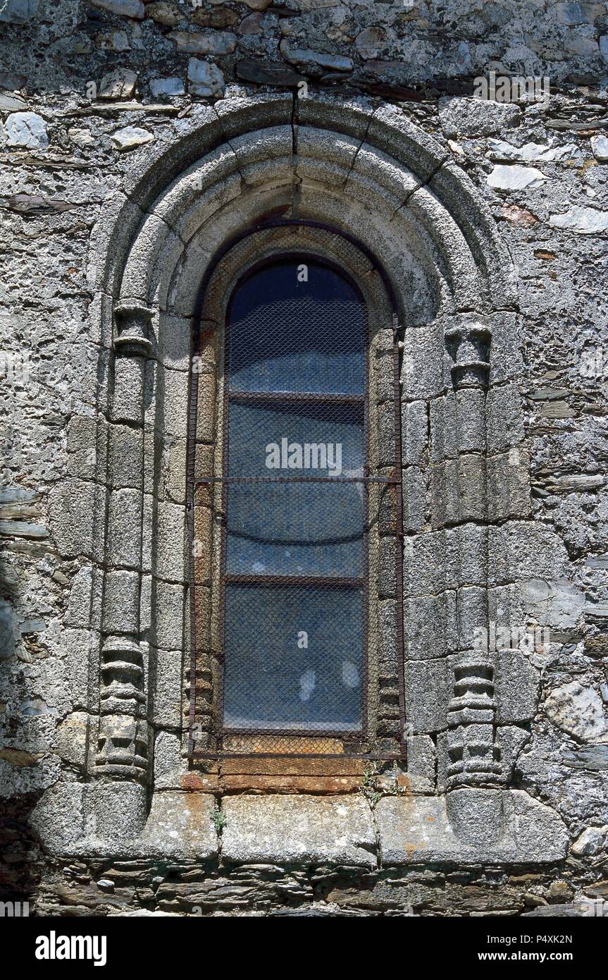 Spain. Extremadura. Mirabel. Window of the Church of the Assumption ...