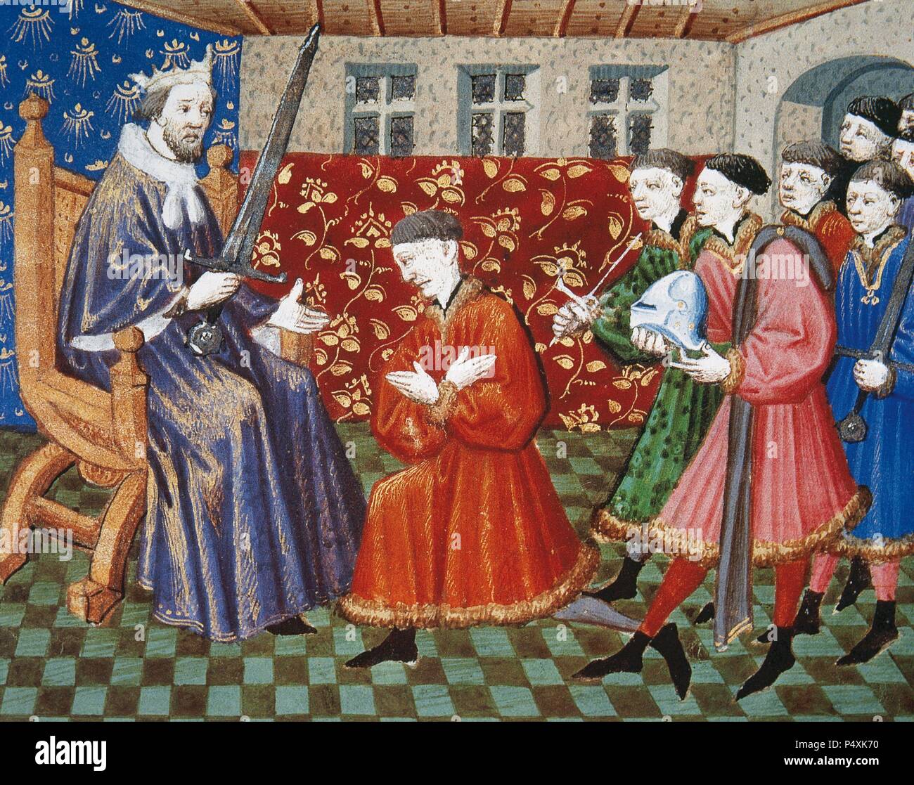 Ceremony of investiture of a Knight. Miniature of the 15th century of ...