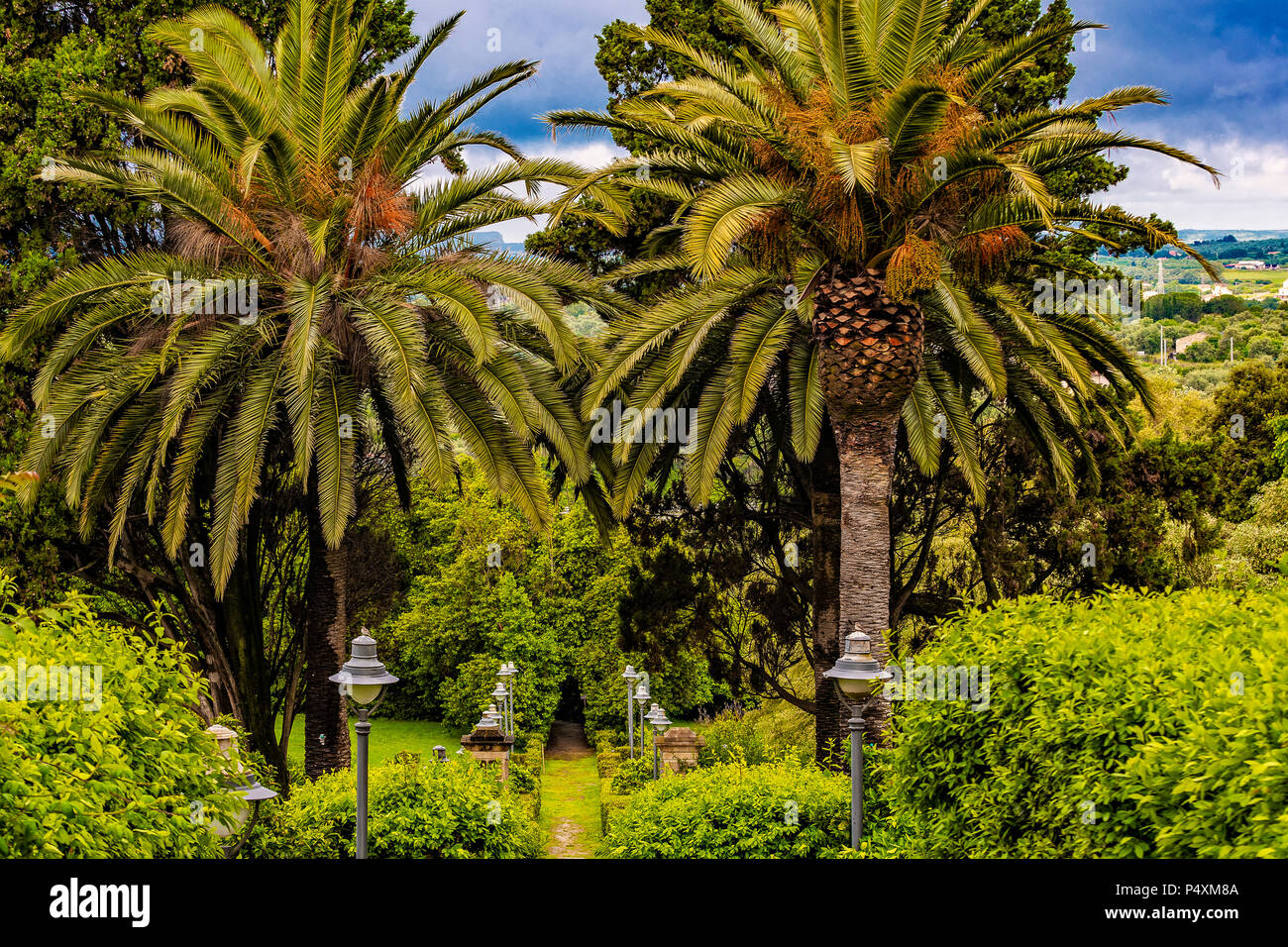 Italy Sardinia Sassari Monserrato Park entrance, bordered by cypresses ...