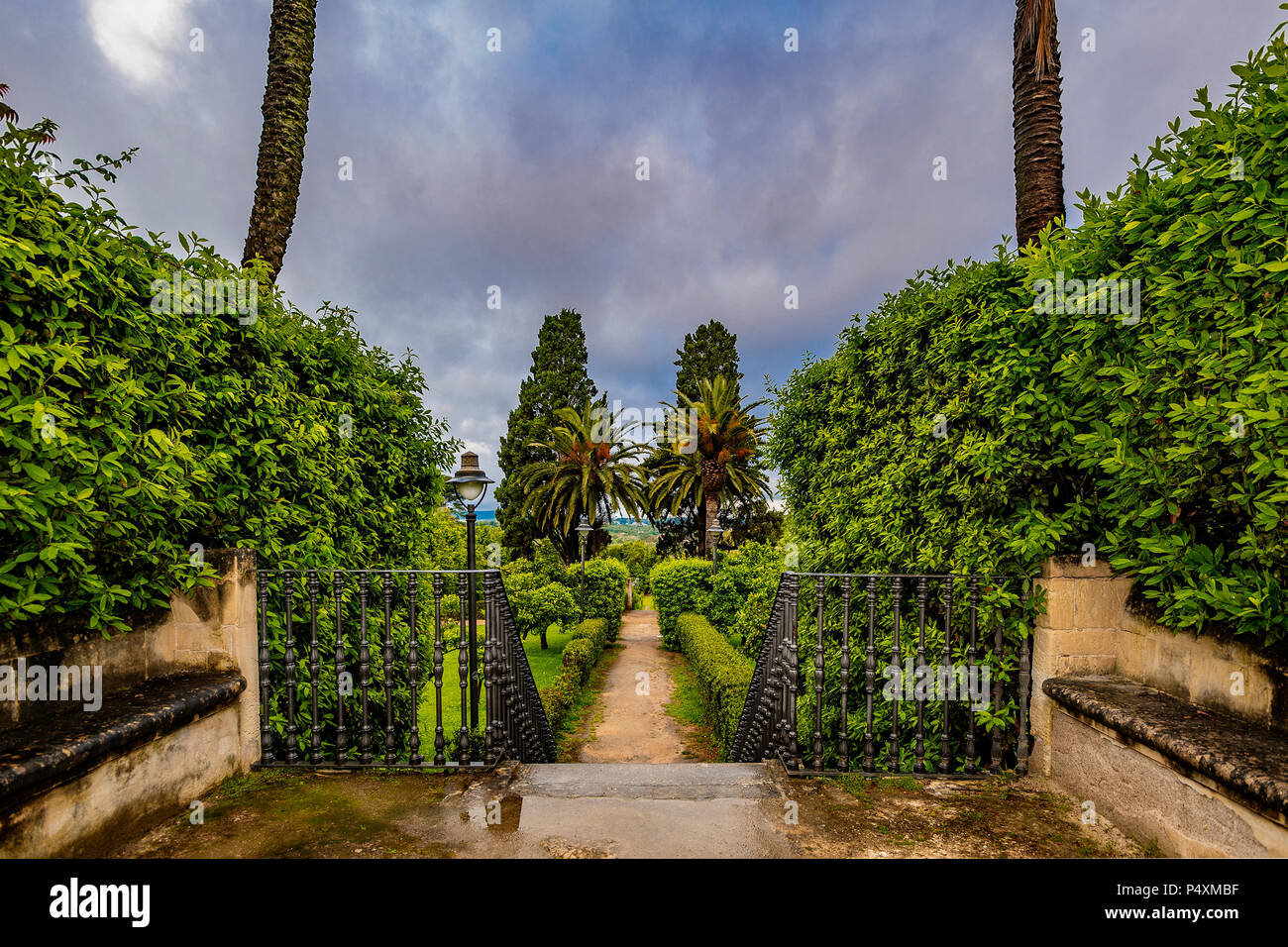 Italy Sardinia Sassari Monserrato Park entrance, bordered by cypresses ...
