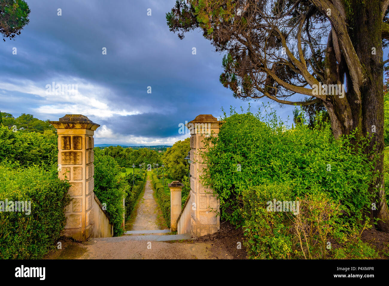 Italy Sardinia Sassari Monserrato Park stairs garden with cypress, palm ...