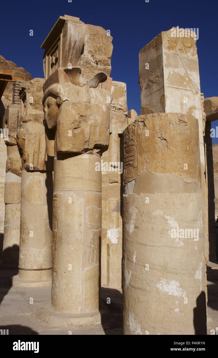 Hathor column pillars belonging to the Chapel of Hathor. Temple of ...