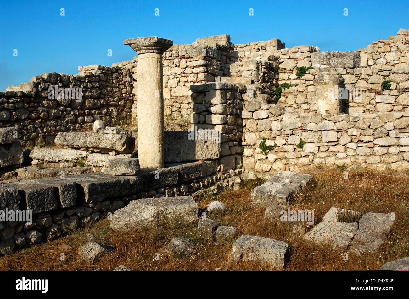 Early Christian art. Byllis Archeological Site. Ruins of the cathedral ...
