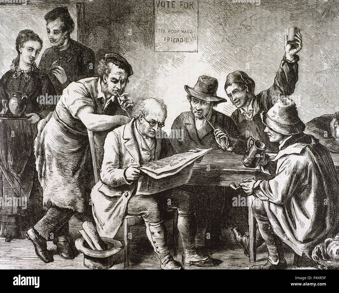 Reading the newspaper in the tavern. Engraving, 1876 Stock Photo - Alamy