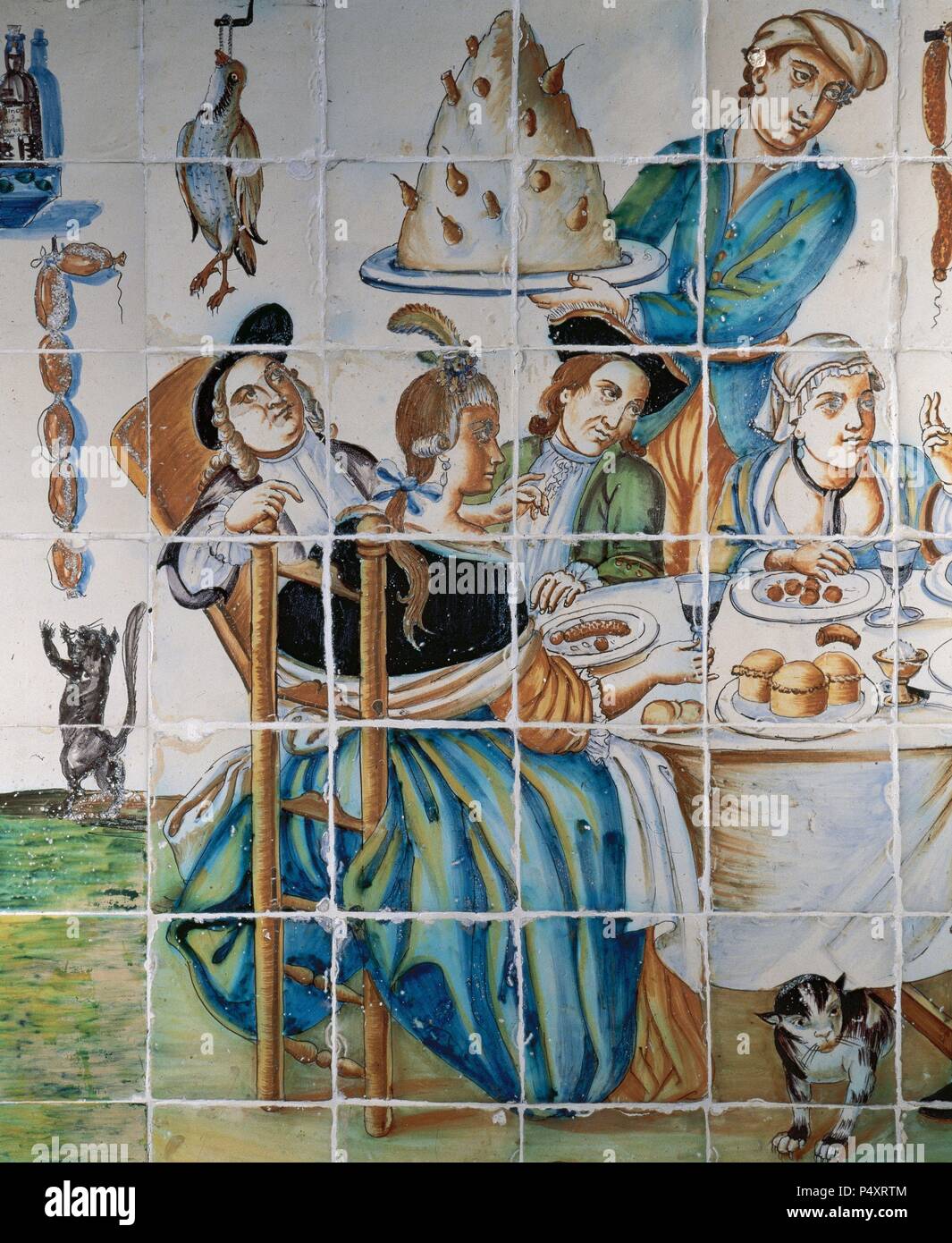 Society XVIII century. Diners around the table. (detail). Tiles of the ...