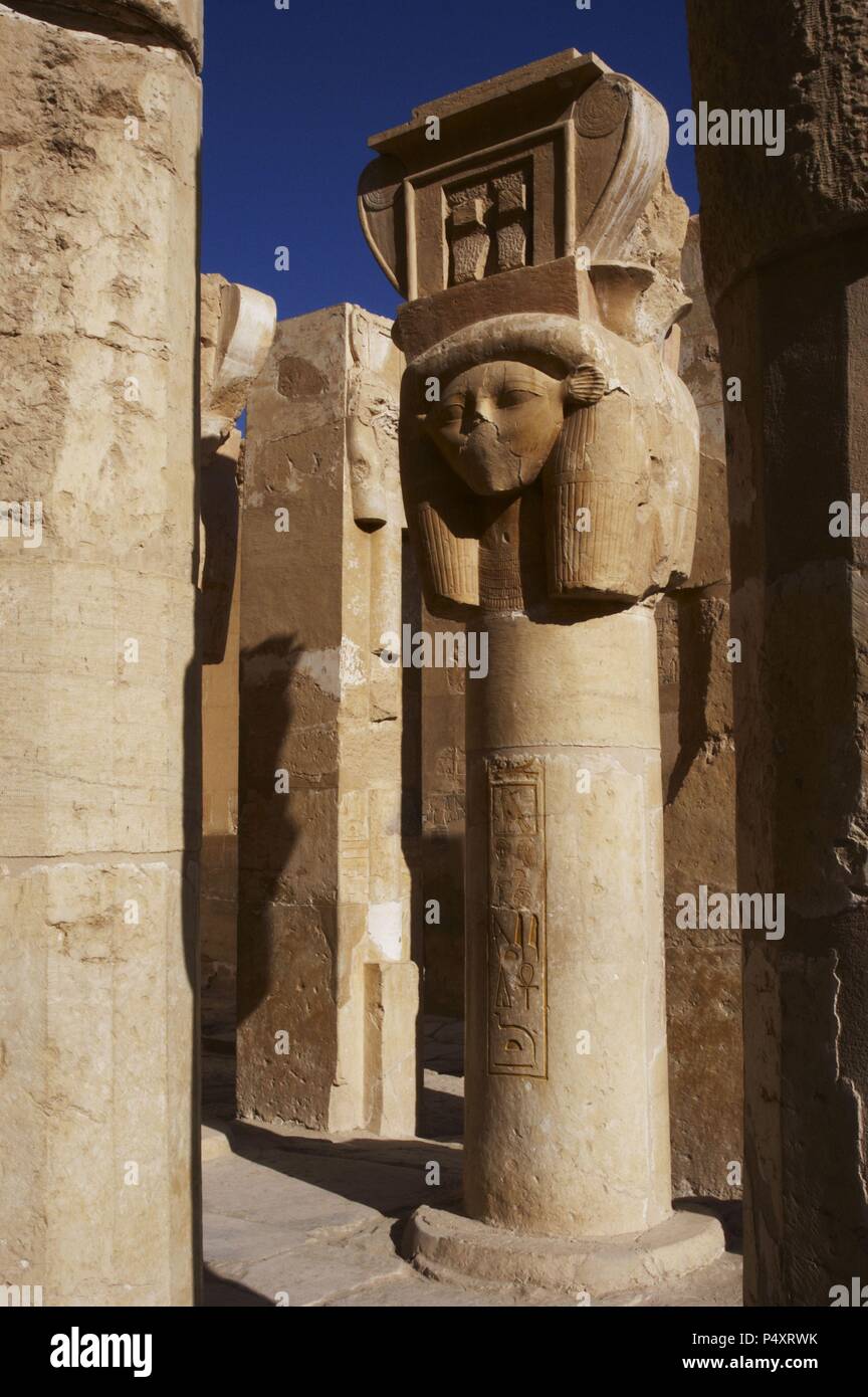 Hathor column pillars belonging to the Chapel of Hathor. Temple of ...