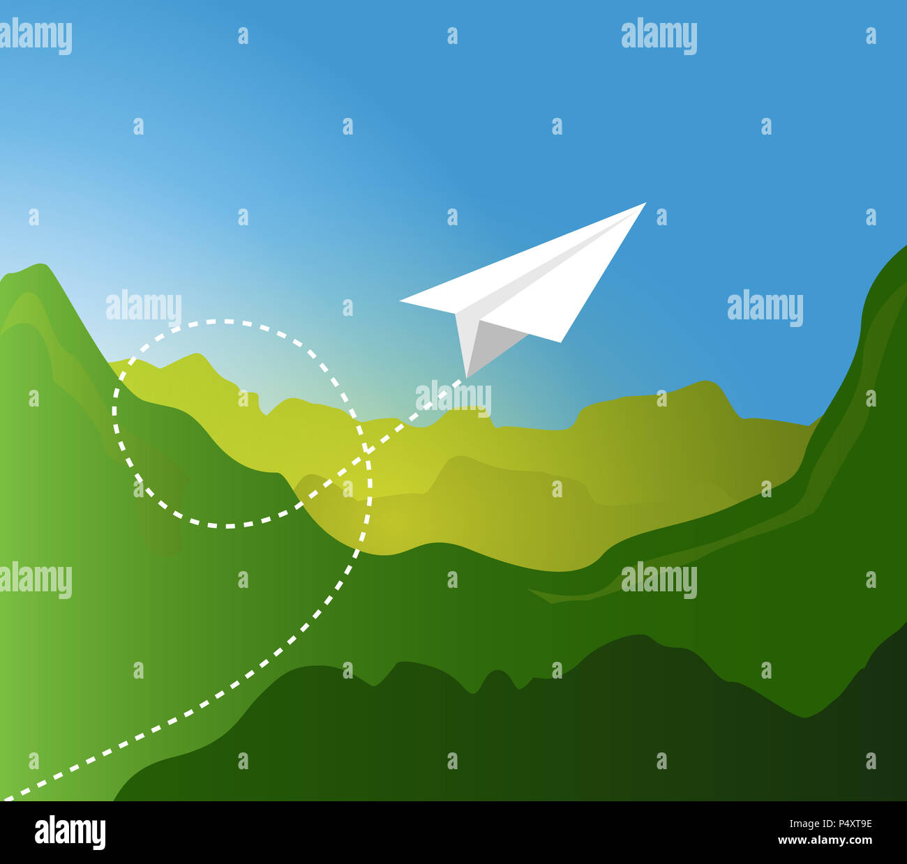 Paper plane flying pattern over green mountain landscape. illustration ...