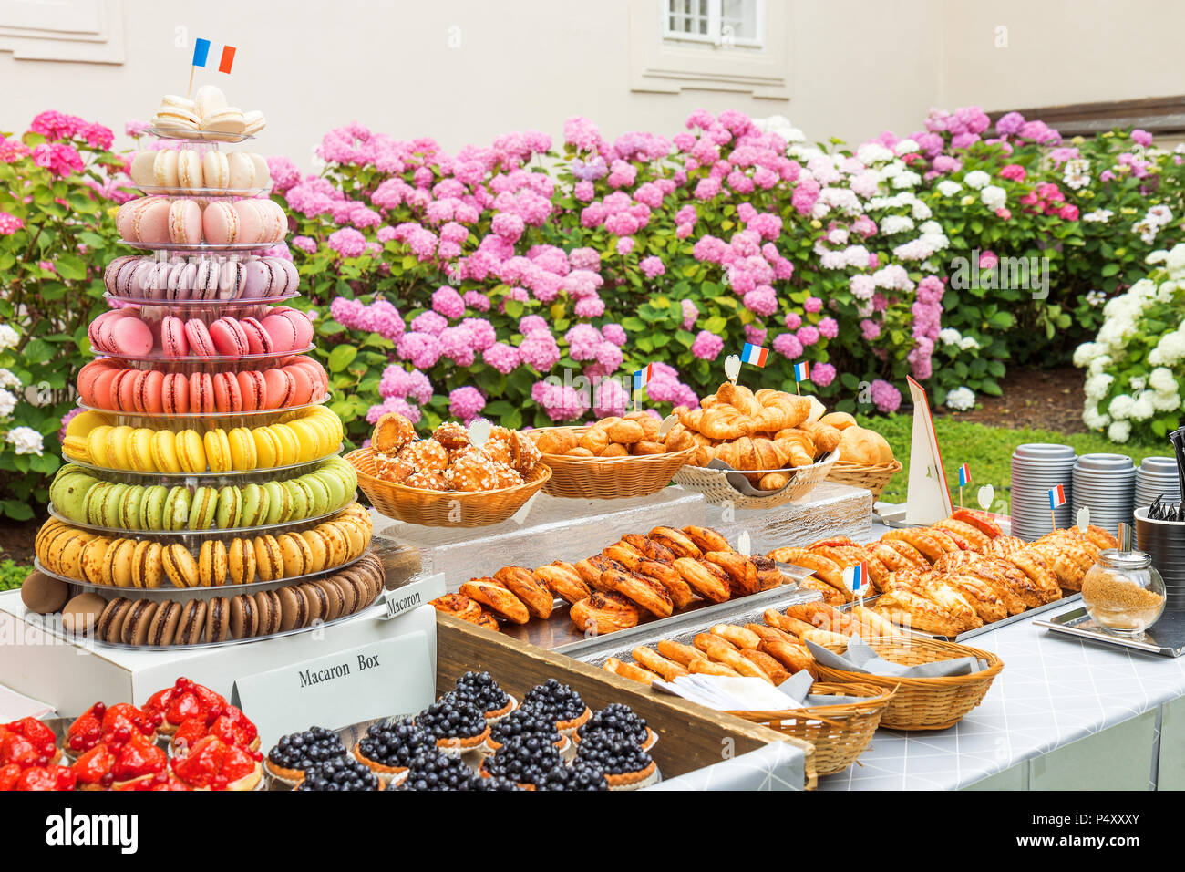 Variation of sweet pastry, pastry fruit bowls with blue berries ...