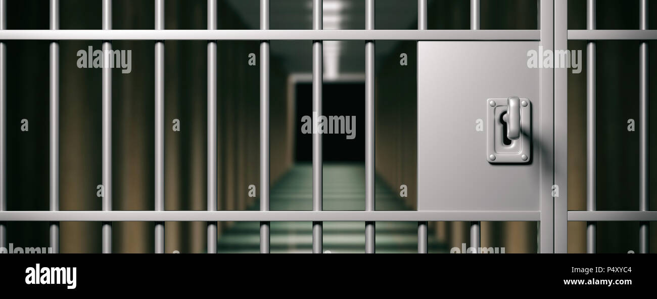 Prison interior. Locked door and key closeup, dark jail background. 3d ...