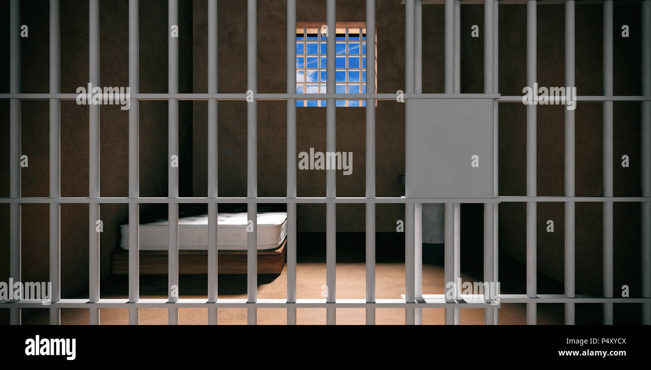 Prison cell interior. Locked door closeup, dark jail room, blue sky out of the window. 3d ...