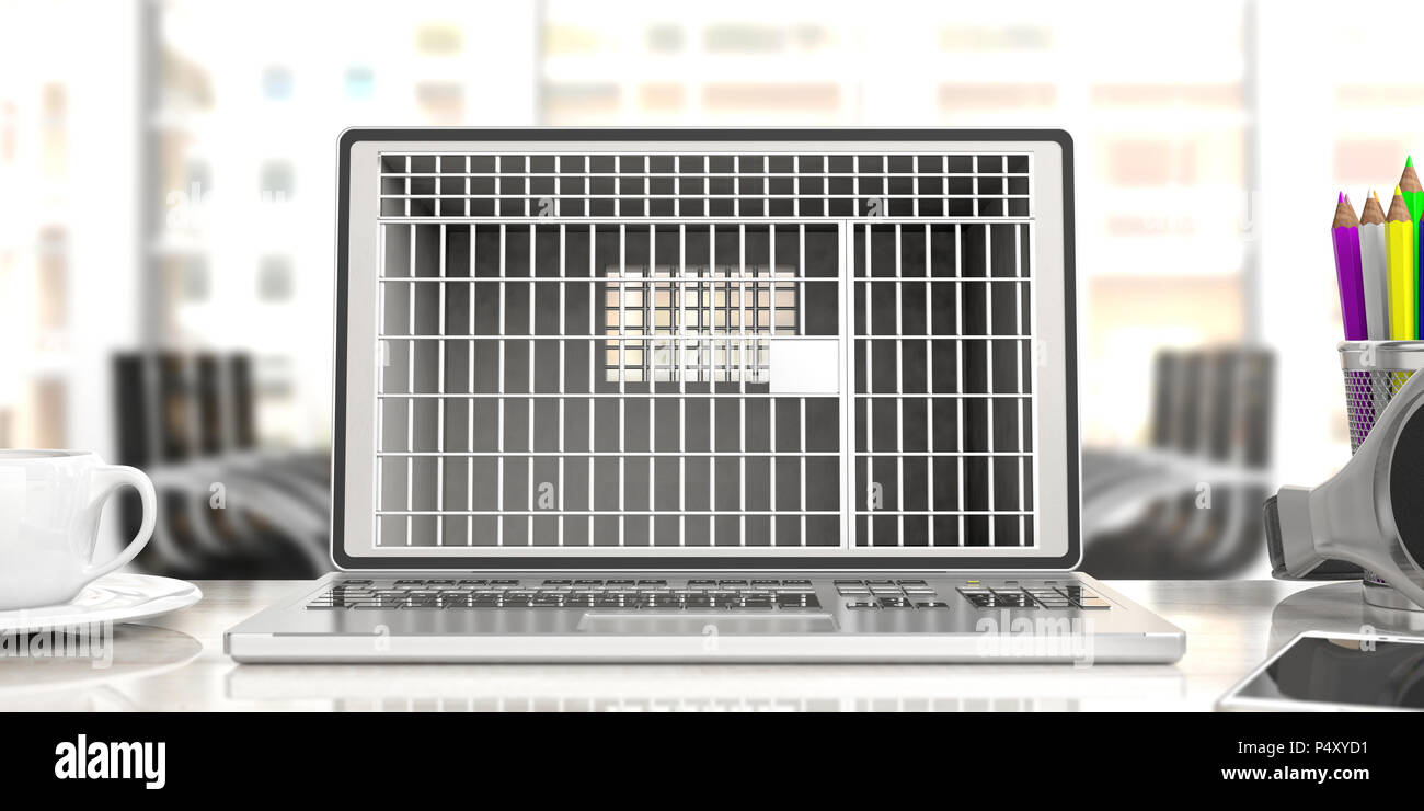 Prison jail cell on computer screen, business office background. 3d ...