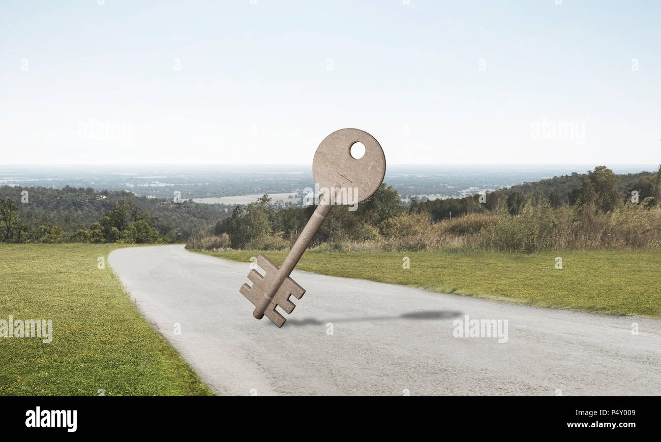 Conceptual background image of concrete key sign on asphalt road Stock ...