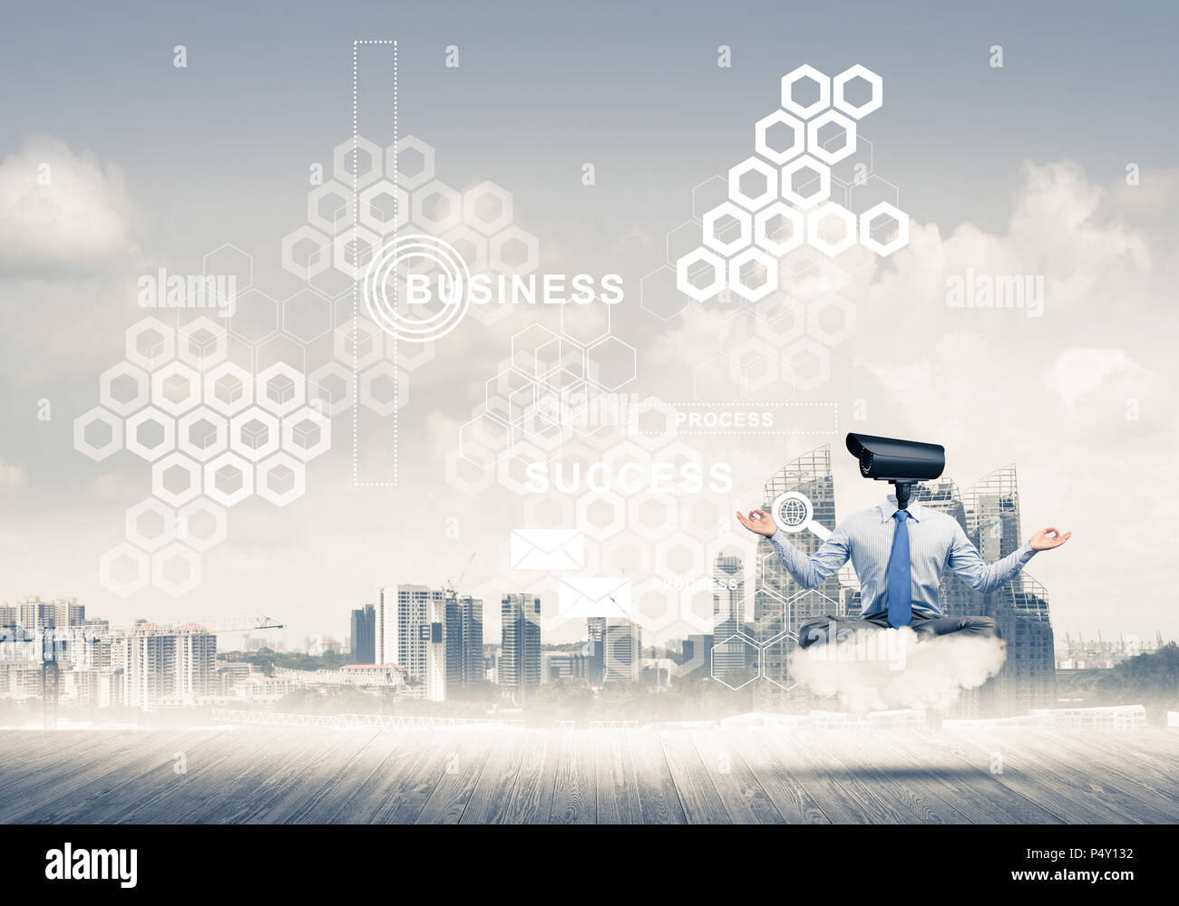 Camera headed man sitting in lotus pose on cloud against modern Stock ...