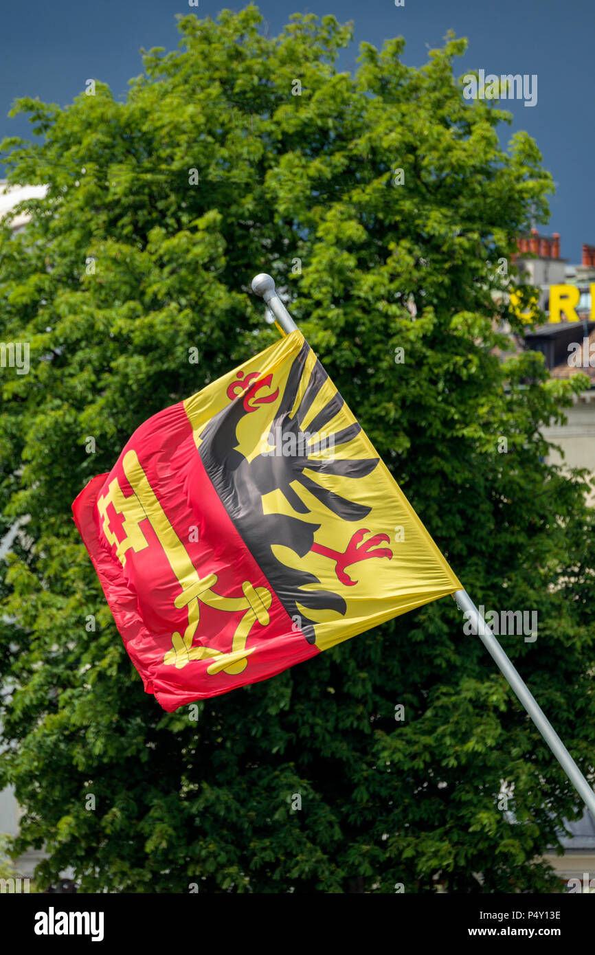 Geneva, Switzerland - june 06, 2018 : Geneva canton flag hanging on the ...