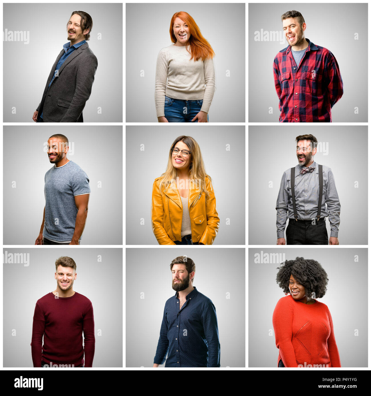 Group of mixed people, women and men blinking eyes with happy gesture ...