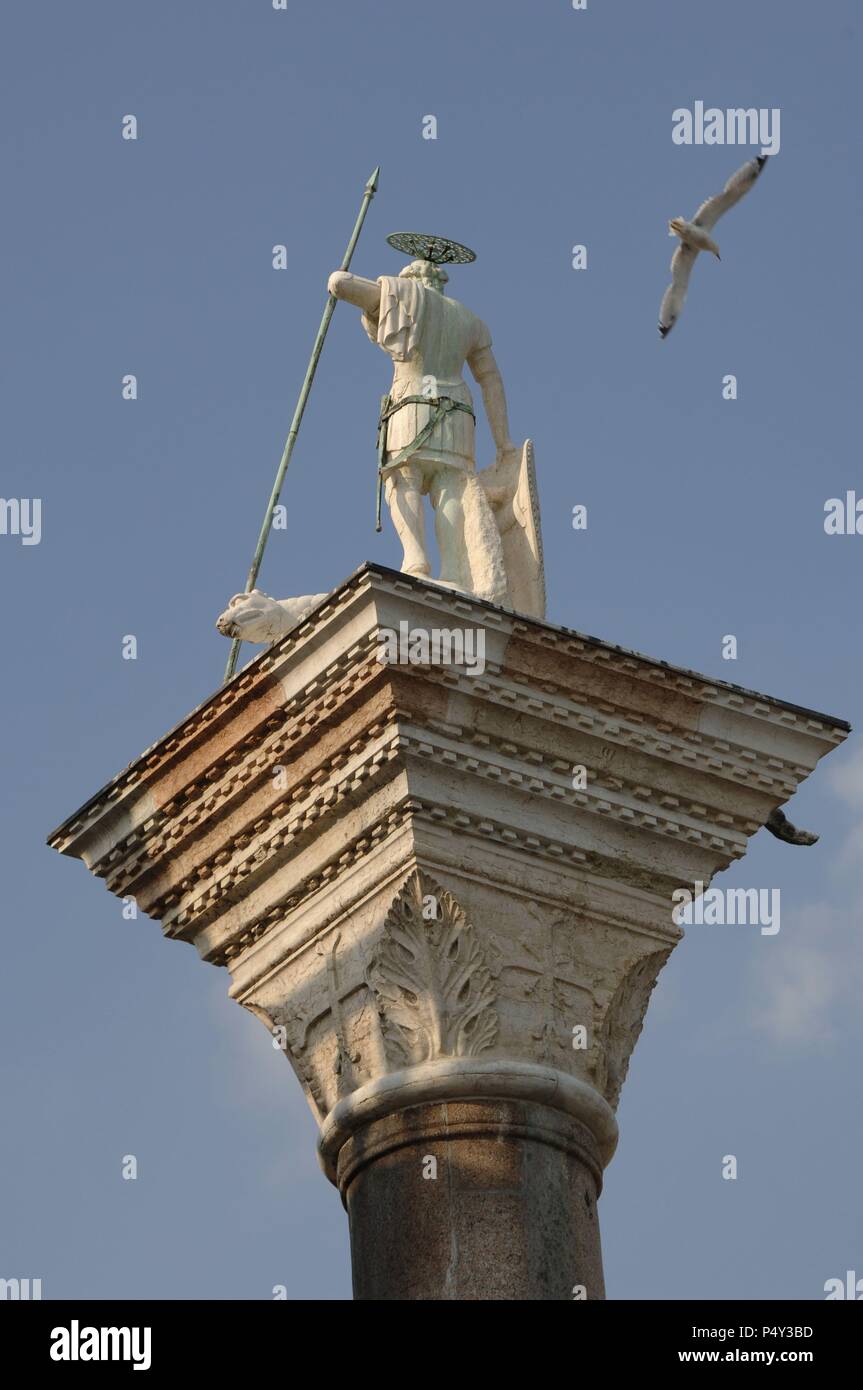 Saint Theodore statue, patron of Venice, on a granite column in the ...