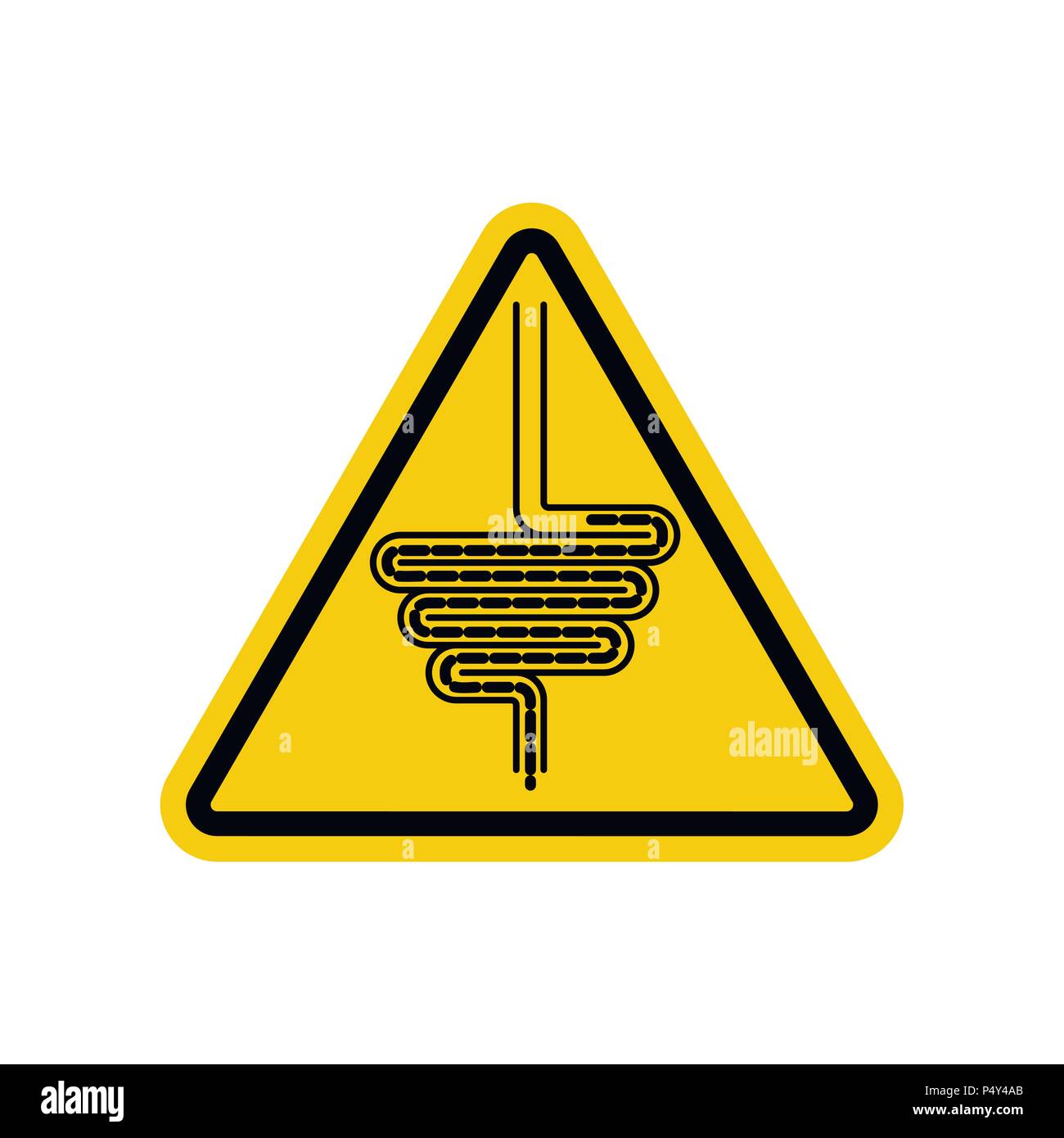 Attention Intestines. Yellow prohibitory triangular road sign. Caution ...