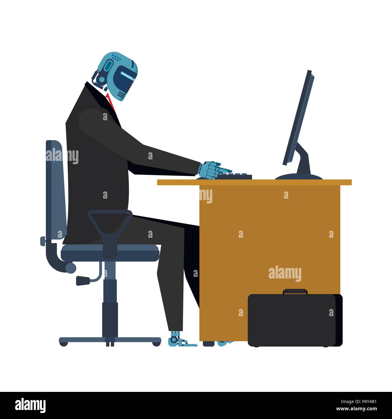 Cyborg at work in table. Office robot. Artificial Intelligence. Vector ...