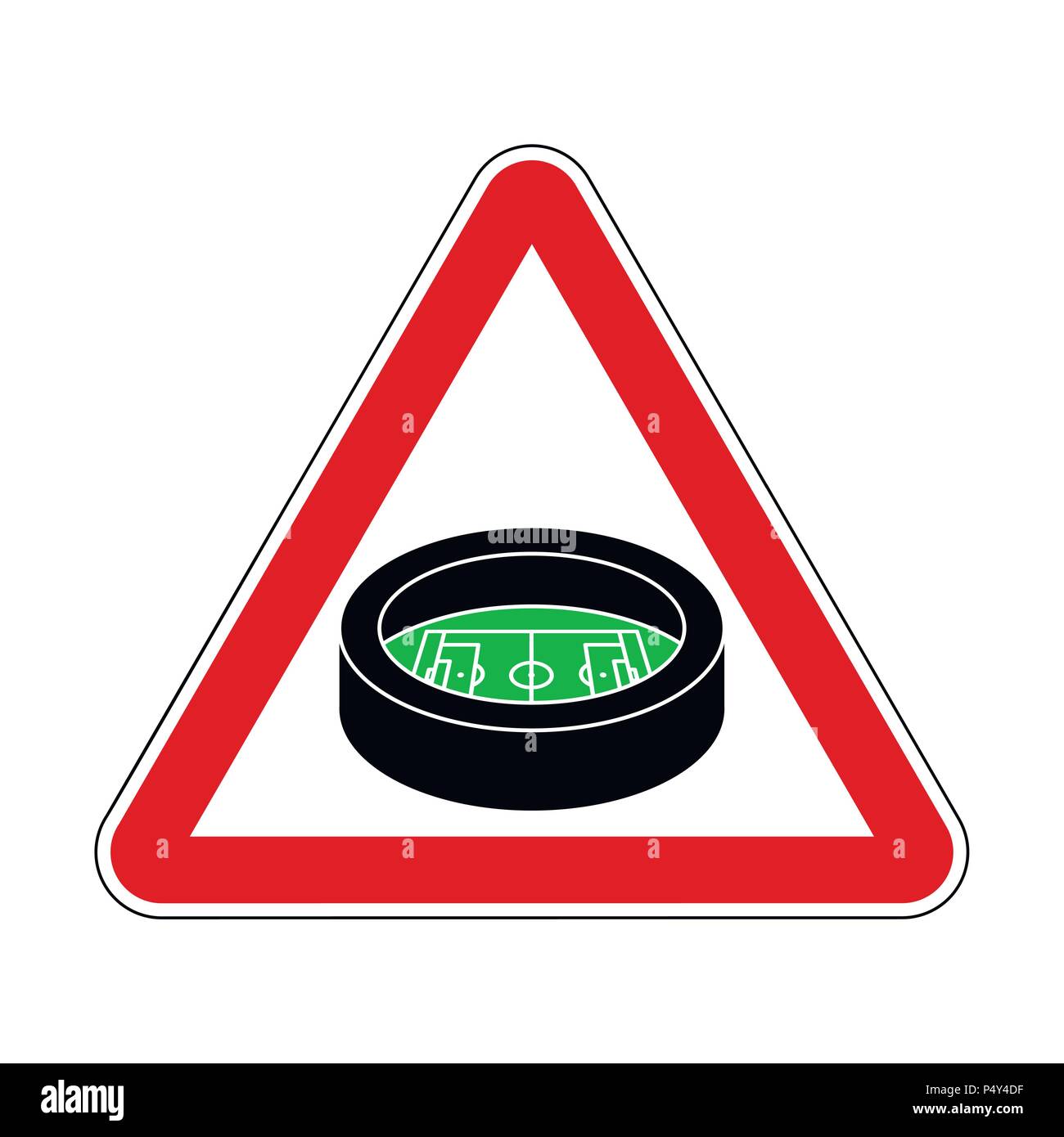 Attention Stadium. Red prohibitory triangular road sign. Caution ...