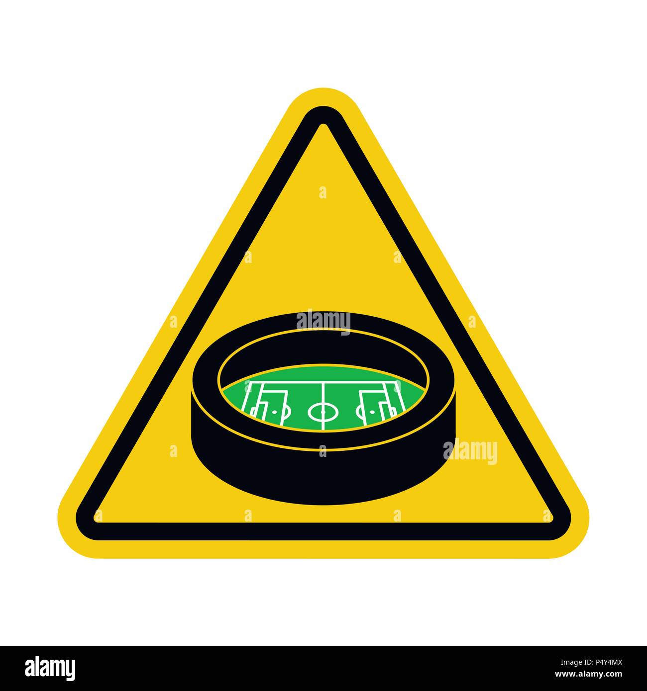 Attention Stadium. Yellow prohibitory triangular road sign. Caution ...