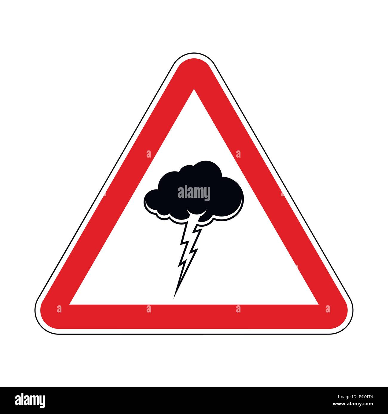 Attention Thunderstorm. Red prohibitory triangular road sign. Caution ...