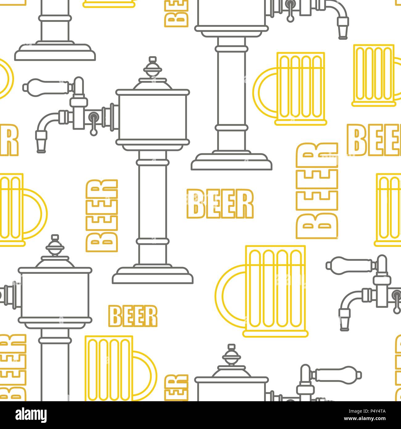 Bar backdrop. Beer tap and mug pattern seamless. Bartender equipment ...