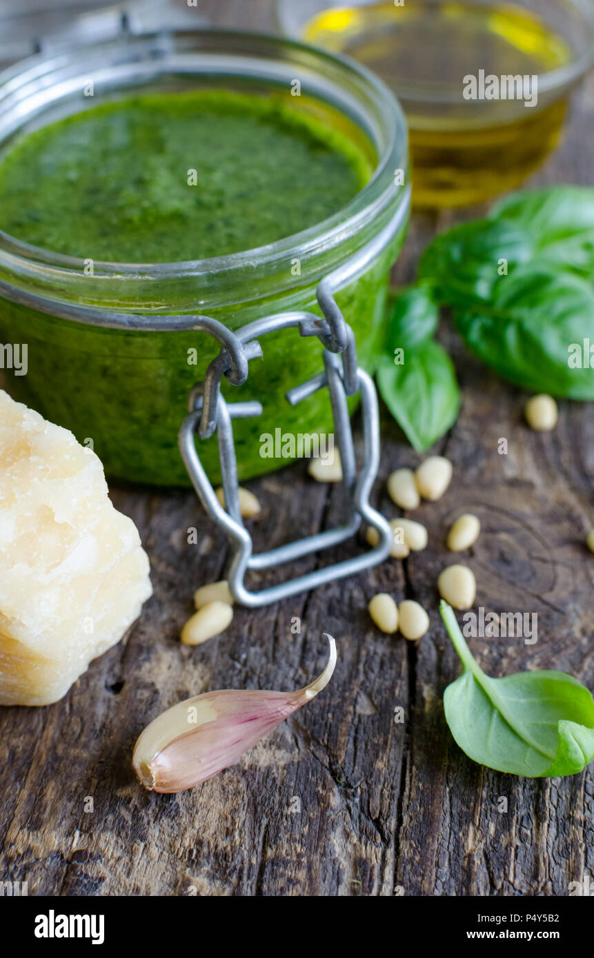 Pesto genovese - traditional Italian green basil sauce with olive oil ...