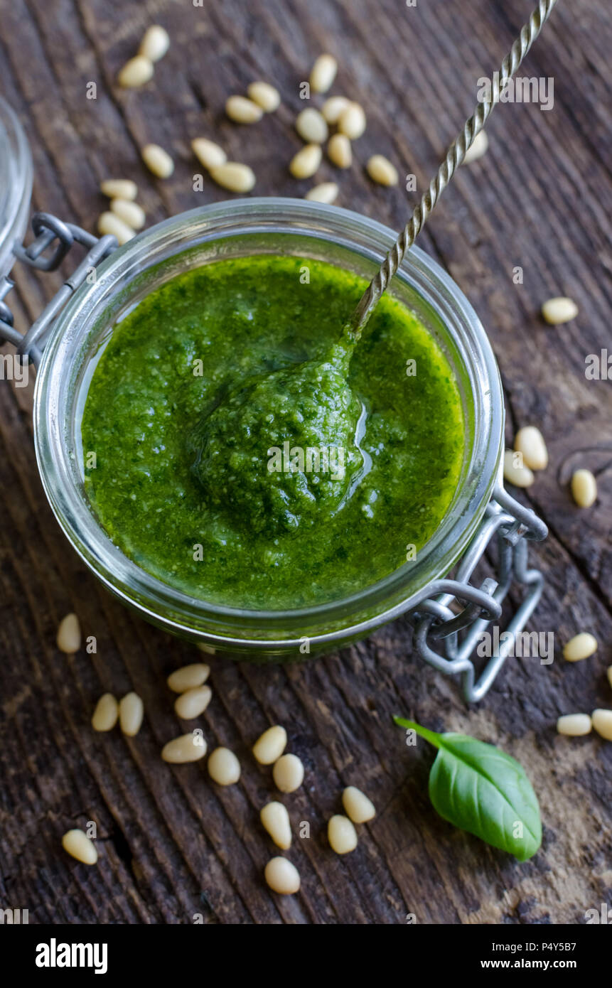 Pesto genovese - traditional Italian green basil sauce with pine nuts ...